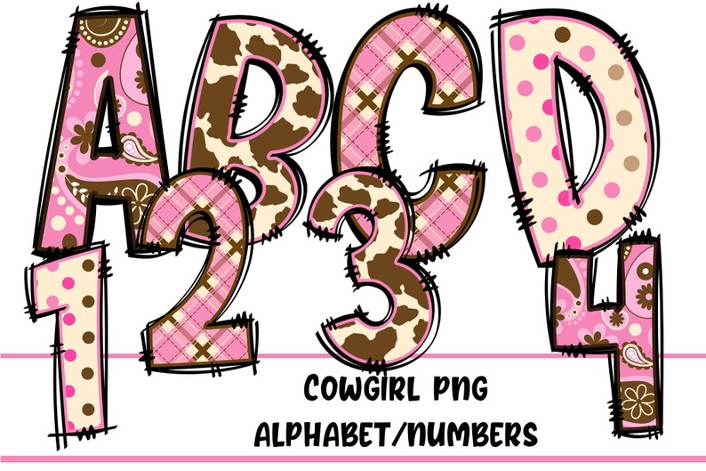 Doodle Letters PNG Alphabet Letters and Numbers Sublimation Png Cowgirl ...