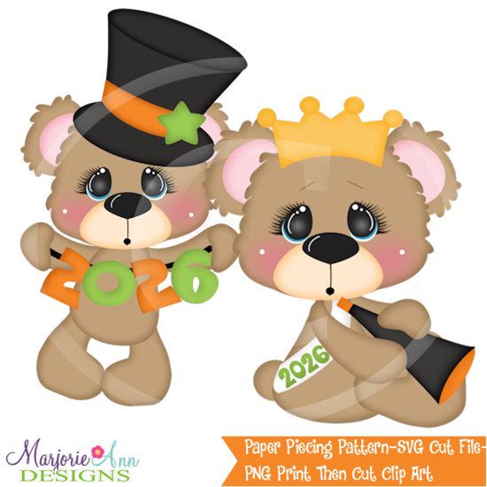 Charlie and Jojo Bear New Year 2026 SVG Cut Files/paper Piecing/png ...