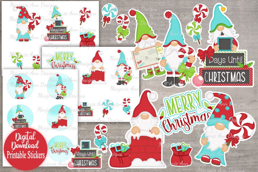 Merry Christmas Gnomes Printable Stickers, Digital Collage Printable ...