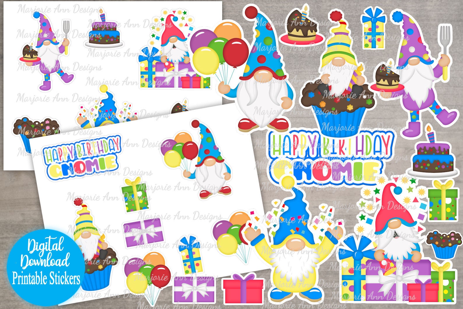 Happy Birthday Gnomes Printable Stickers, Digital Collage Printable ...