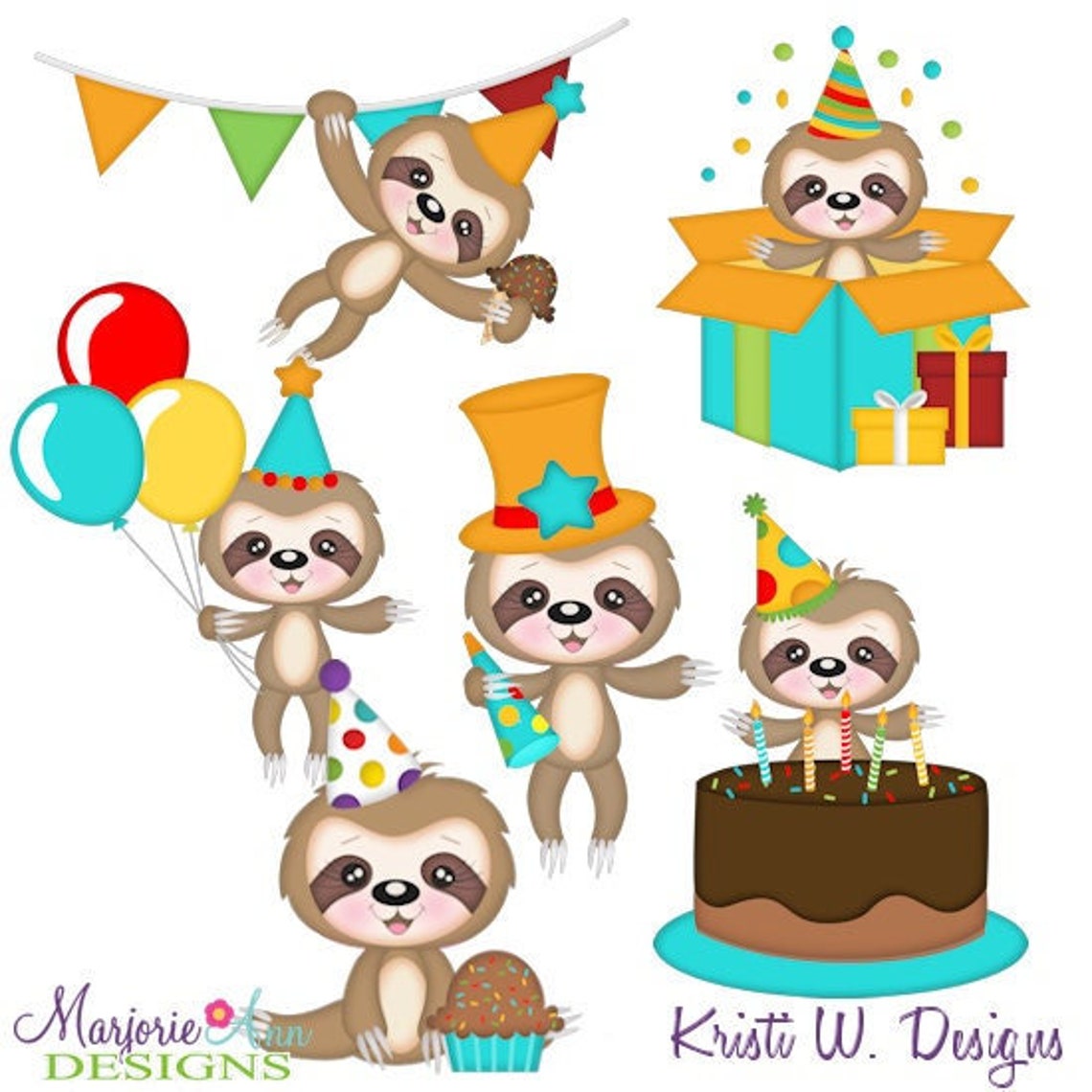 Birthday Sloths Clipart-digital Clipart-png Clip Art-digital - Etsy