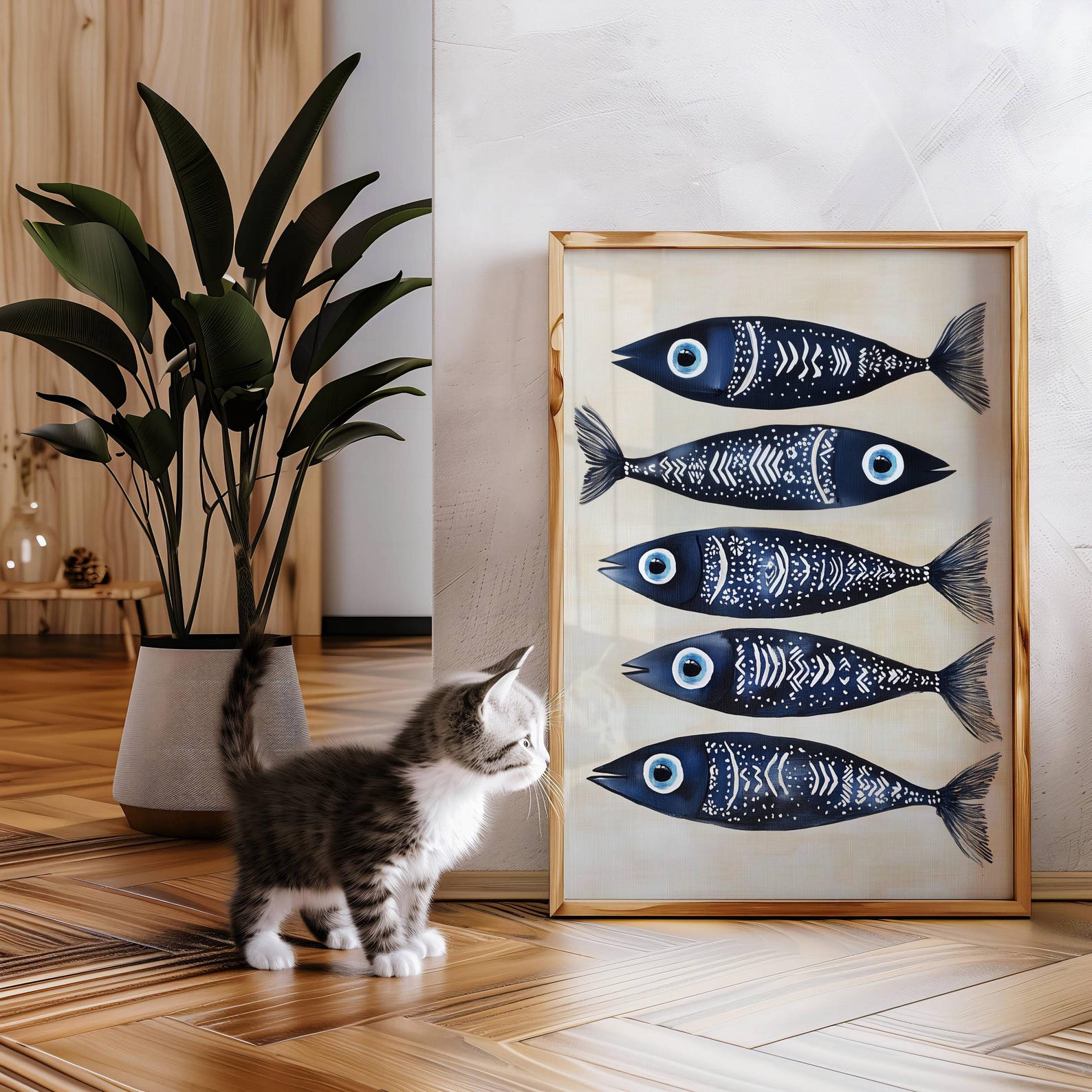 Evil Eye Sardine Painting | Mediterranean Still Life Fish Art | Blue ...