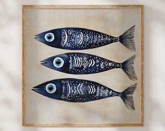 Evil Eye Sardine Painting | Mediterranean Still Life Fish Art | Blue ...