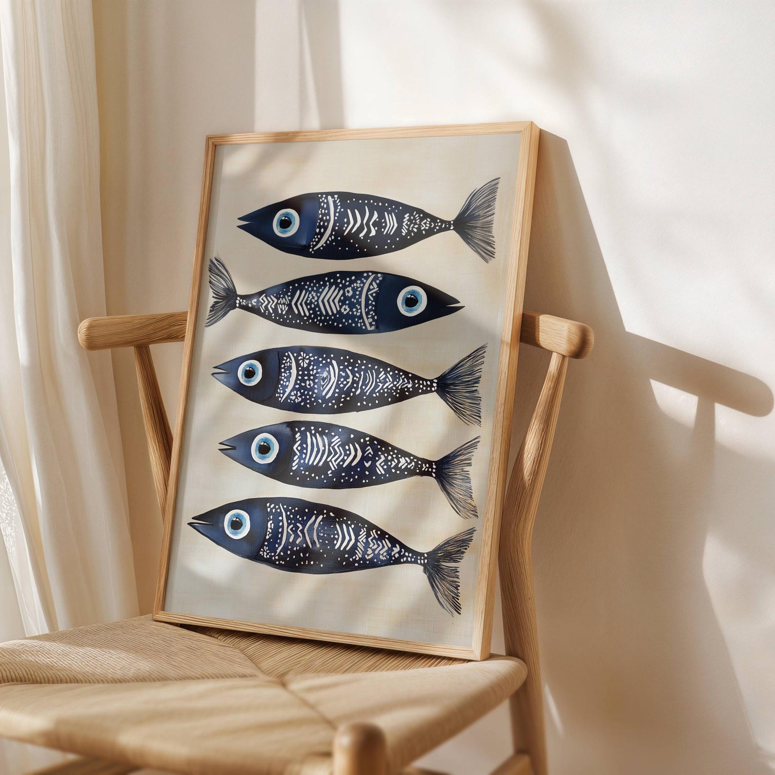 Evil Eye Sardine Painting | Mediterranean Still Life Fish Art | Blue ...
