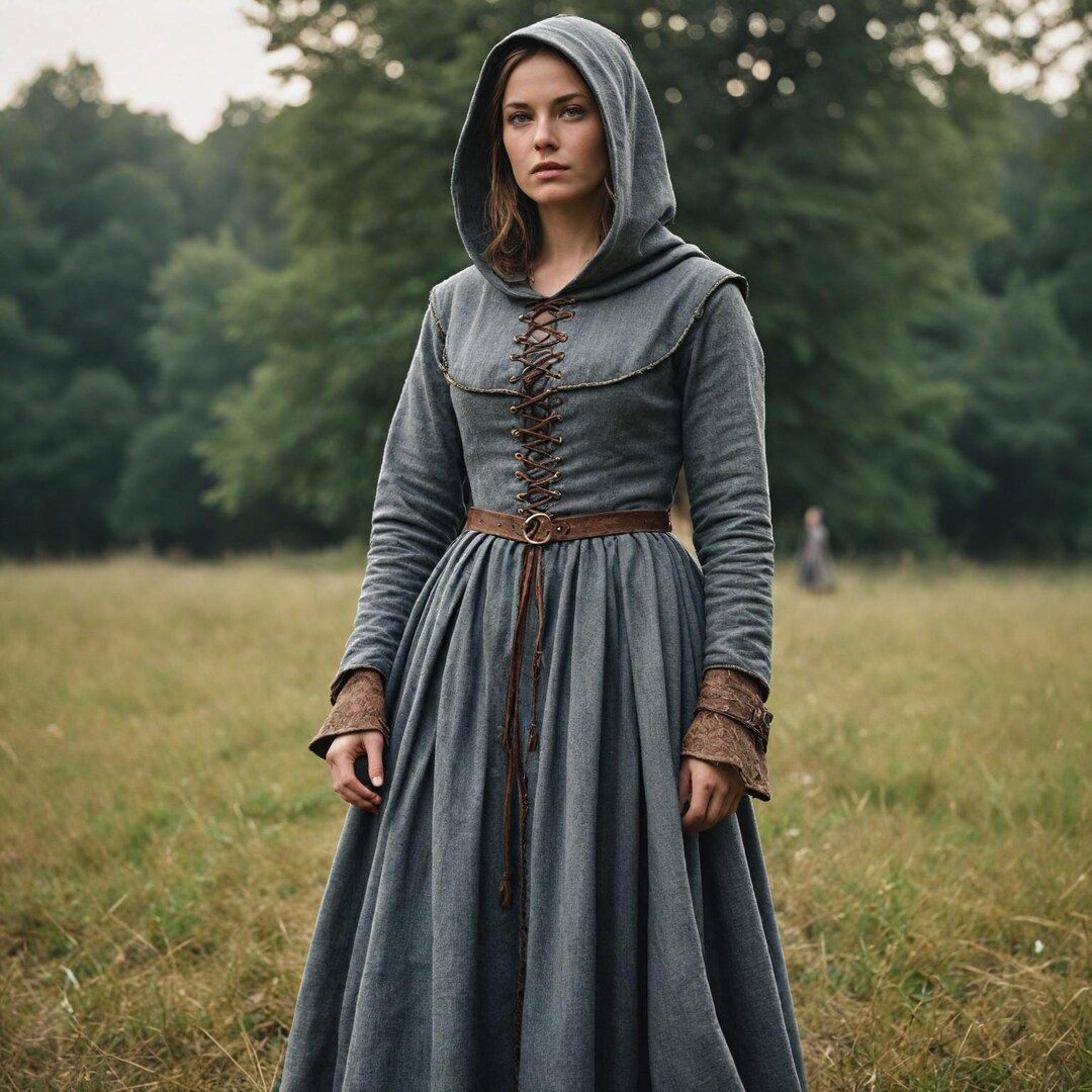 Grey Hooded Medieval Warrior Dress Renaissance Cosplay Tunic With Lace ...