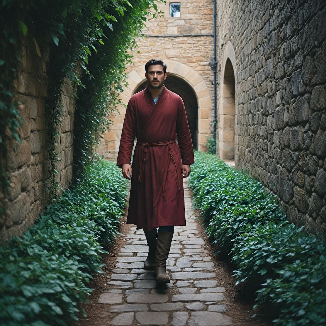 Medieval-inspired Men's Red Robe Rustic Long Sleeves Dress Vintage ...