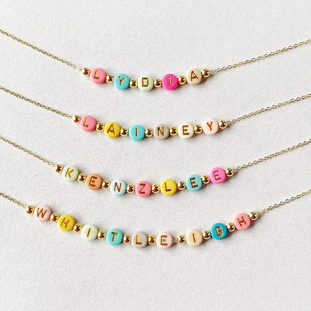 Bright Color Beads Name Necklace, Girls Custom Name Necklace, Beaded ...