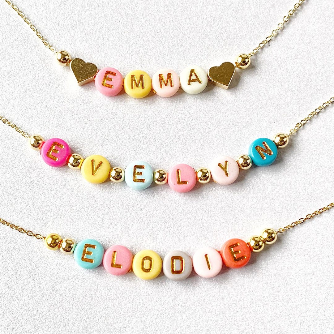 Colorful Beaded Name Necklace for Girls, 14K Gold Heart Accents - Etsy