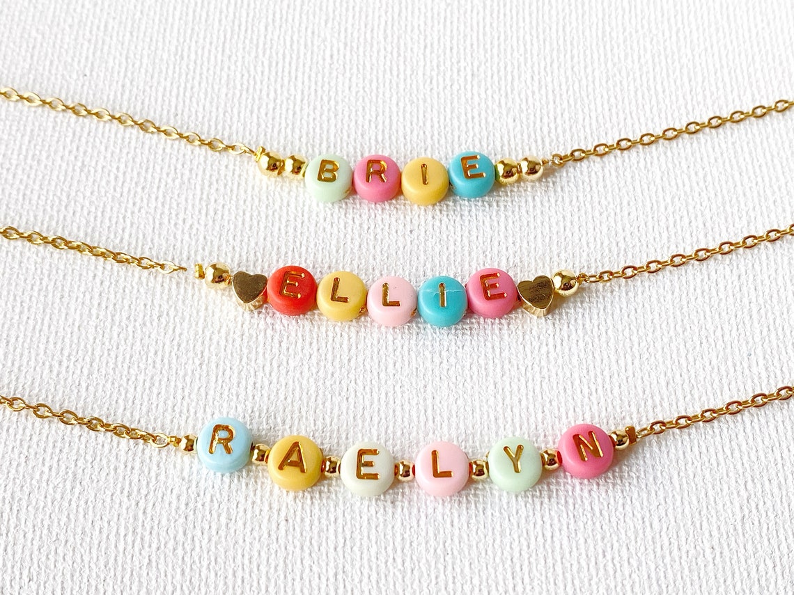 Colorful Beaded Name Necklace for Girls, 14K Gold Heart Accents - Etsy