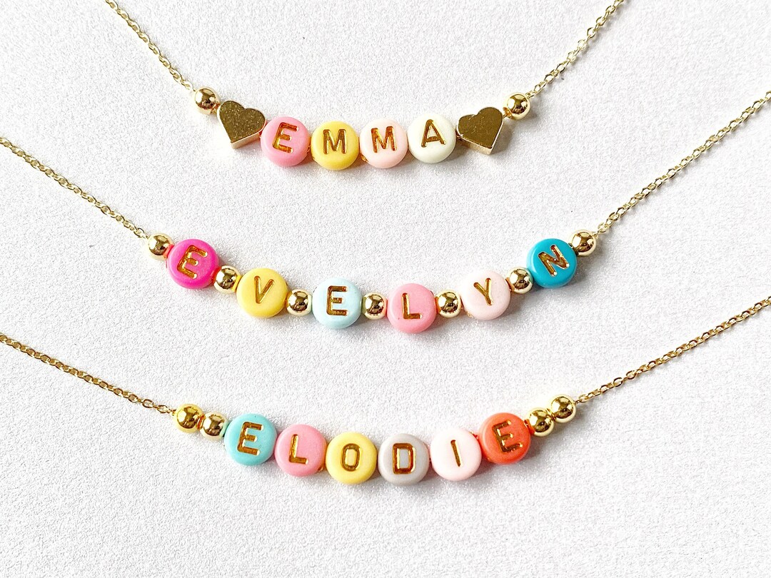 Bright Colorful Beads Name Necklace, Dainty Gold Name Beads, Beaded ...