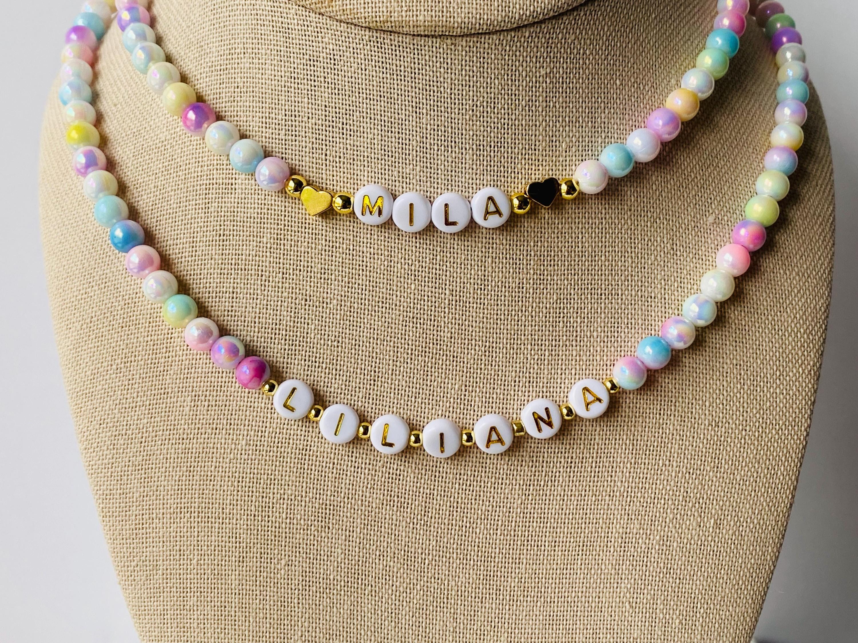 Girls Custom Beaded Name Necklace, Birthday Gift for Kids, Pastel Faux ...