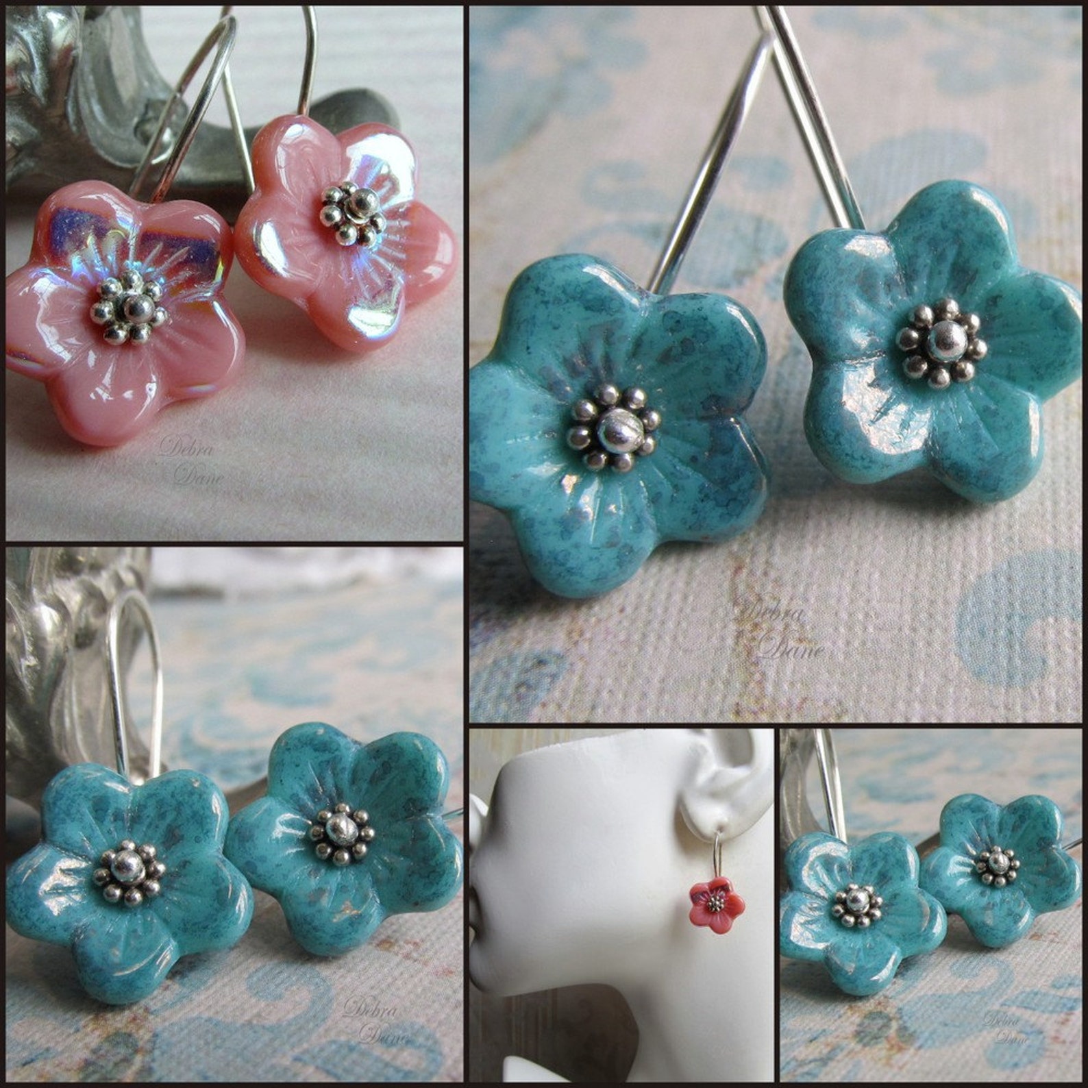 Turquoise Glass Flower Earrings Sterling Silver Gift for Mom - Etsy