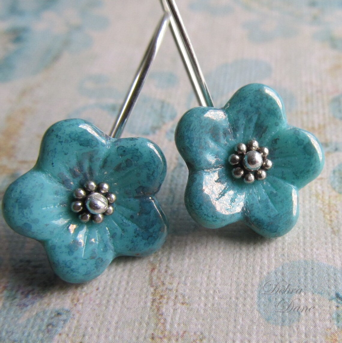 Turquoise Glass Flower Earrings Sterling Silver Gift for Mom | Etsy