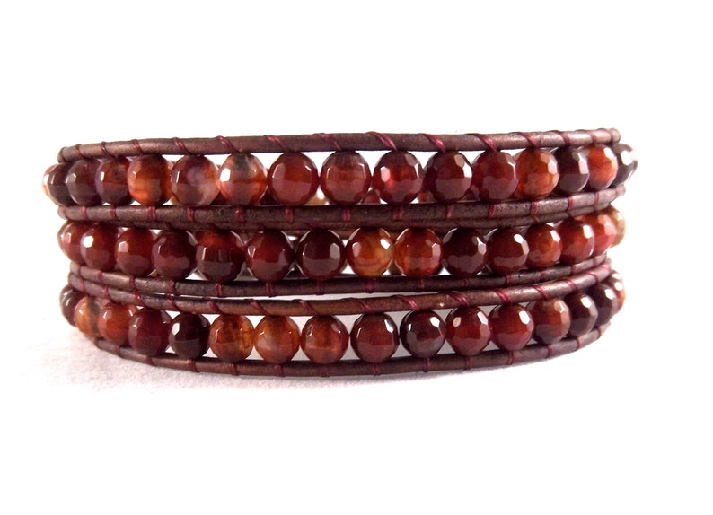 Sparkling Cinnamon Triple Leather Wrapped Red Agate Beaded Bracelet XL ...