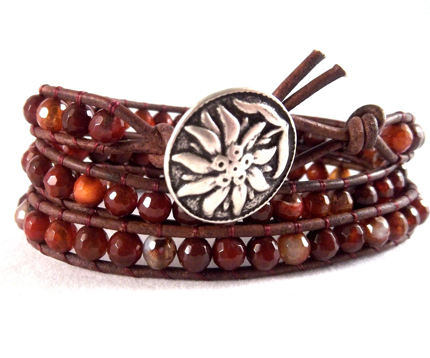 Sparkling Cinnamon Triple Leather Wrapped Red Agate Beaded Bracelet XL ...