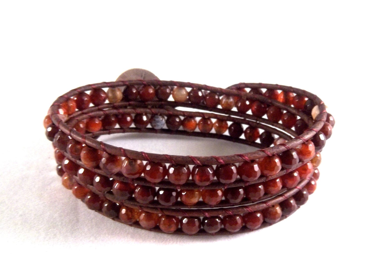 Sparkling Cinnamon Triple Leather Wrapped Red Agate Beaded Bracelet XL ...