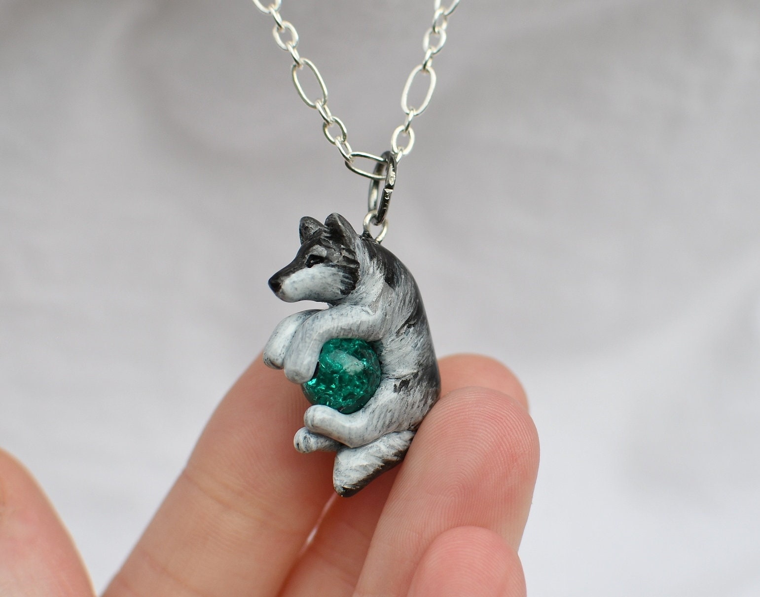 Dainty Grey Wolf Necklace with Custom Color Gem