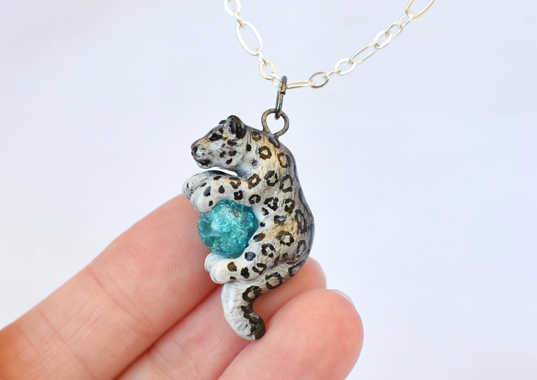 Snow Leopard Necklace With Custom Color Gem Pendant Charm - Etsy