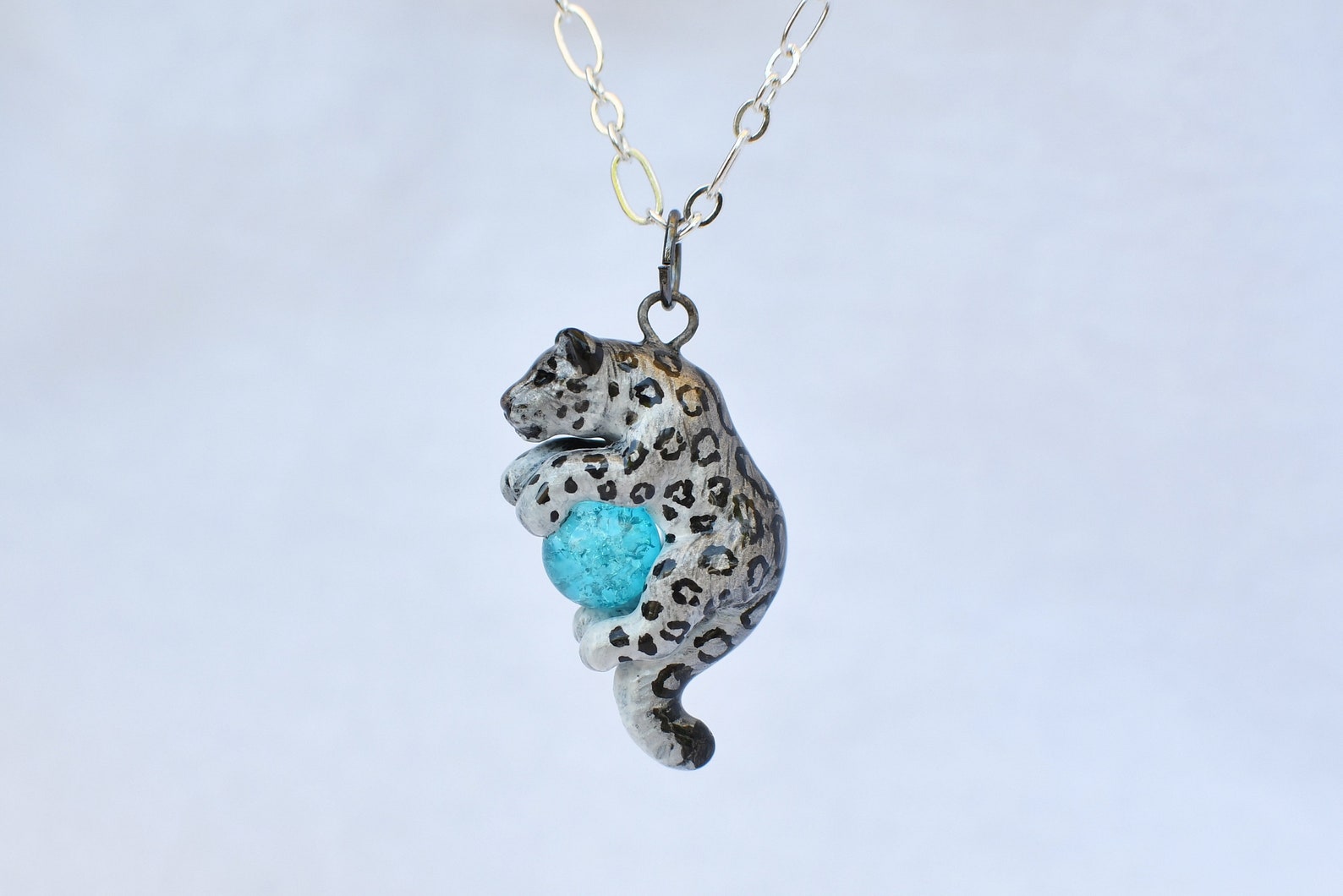 Snow Leopard Necklace with Custom Color Gem Pendant Charm | Etsy