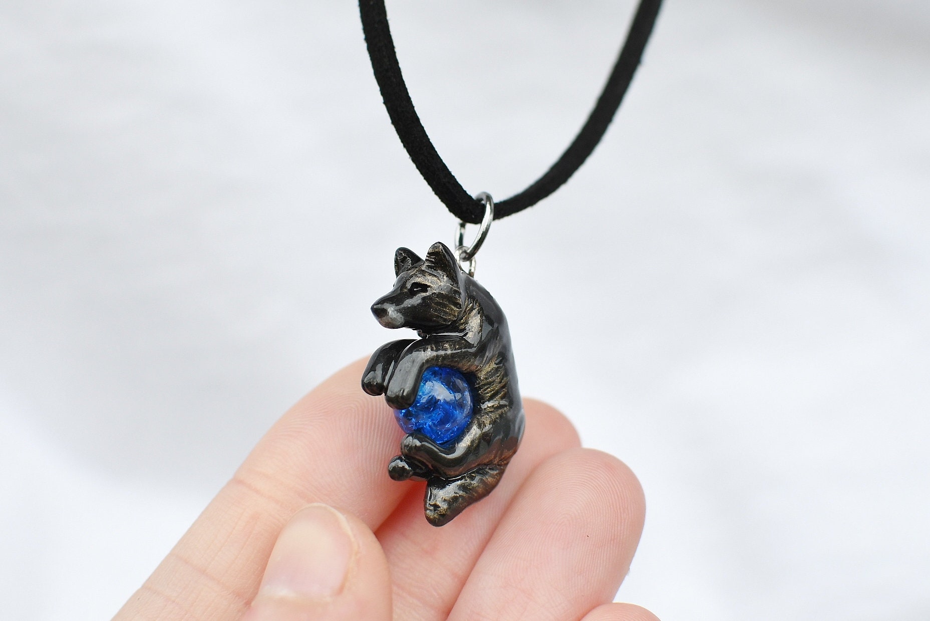 Small Black Wolf Necklace with Custom Color Gem Pendant Charm | Etsy