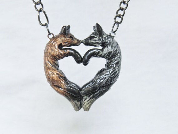 Fox Love Necklace Red Silver Couple Heart Polymer Clay | Etsy