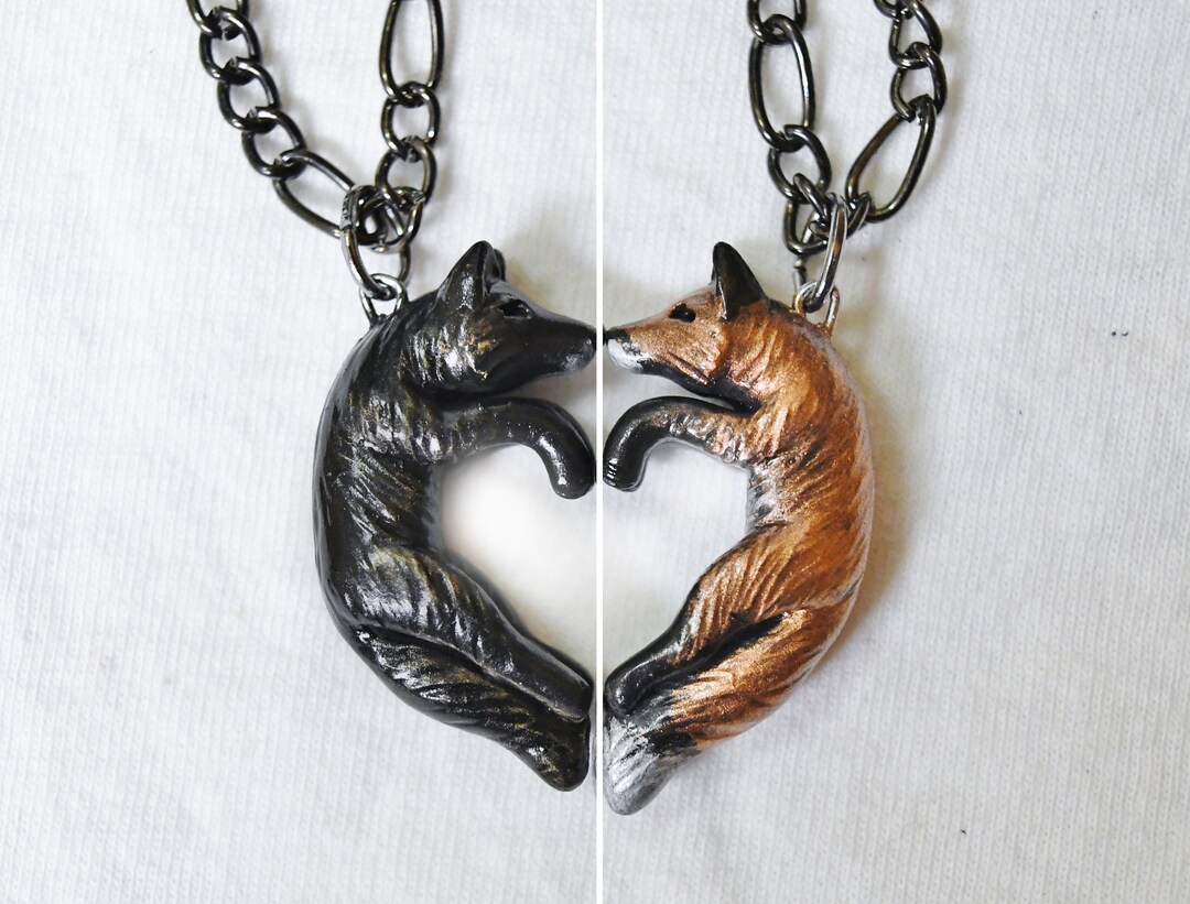 Black Wolf and Fox Necklaces Love His and Hers Heart Kissing Couple BFF ...