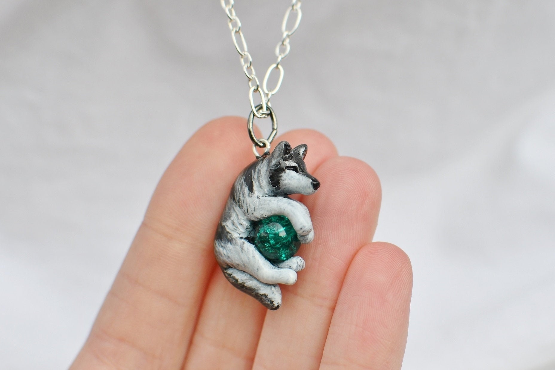 Dainty Grey Wolf Necklace with Custom Color Gem