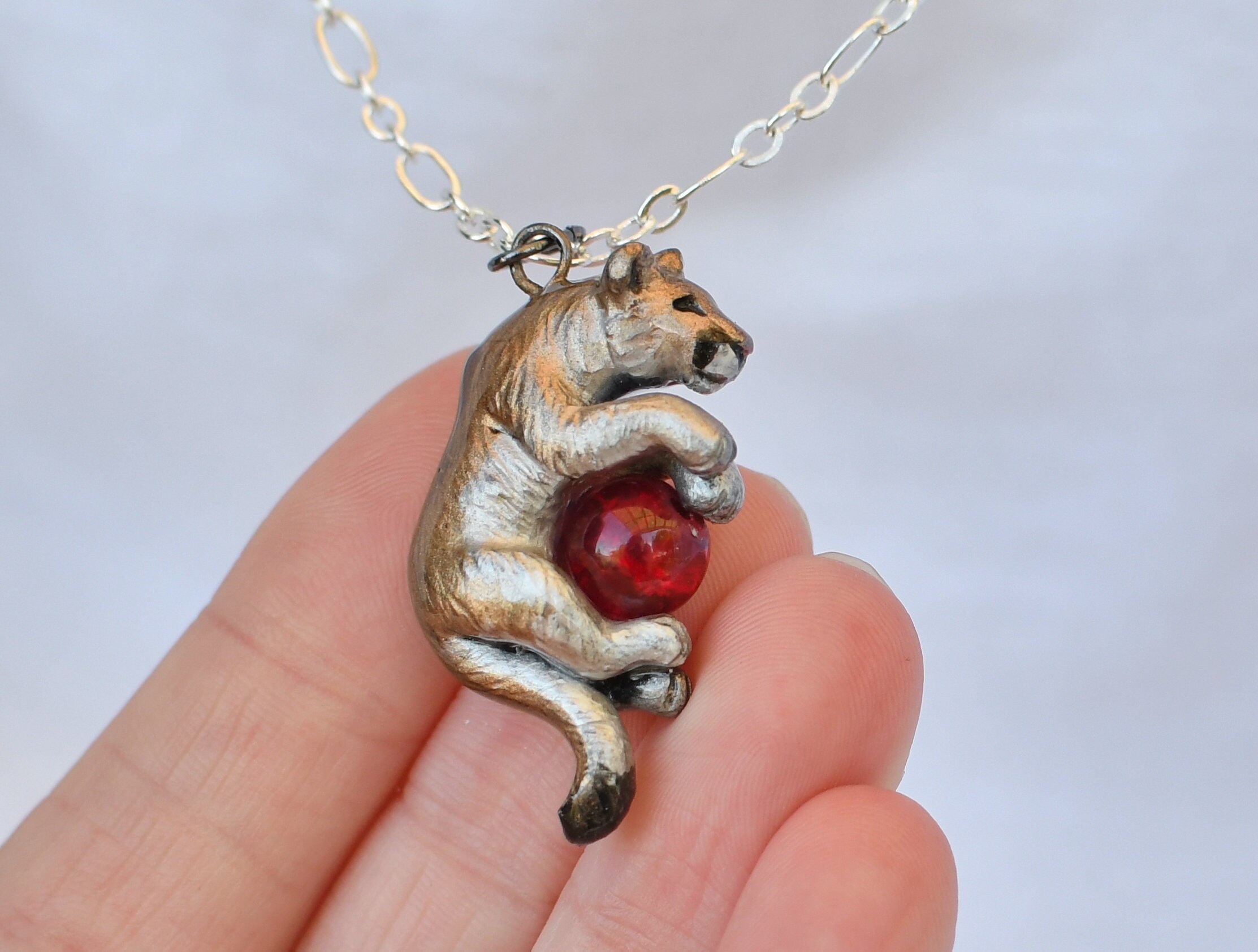 Cougar Necklace with Custom Color Gem Mountain Lion Puma | Etsy