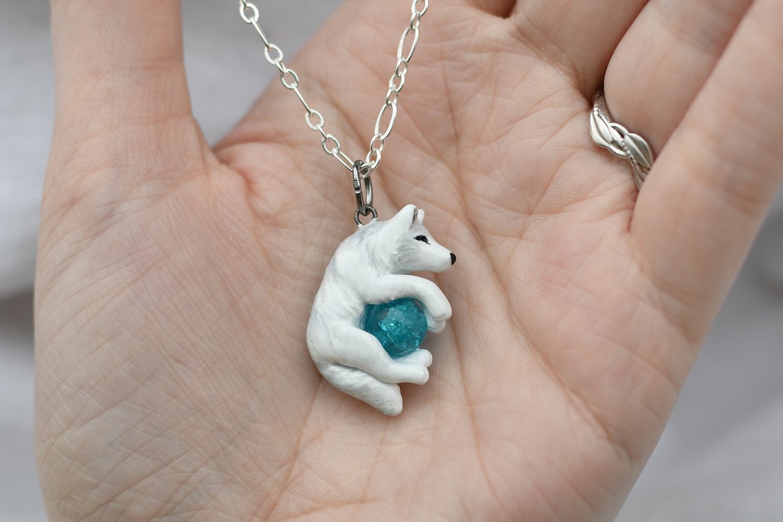 Dainty White Wolf Necklace with Custom Color Gem | Etsy