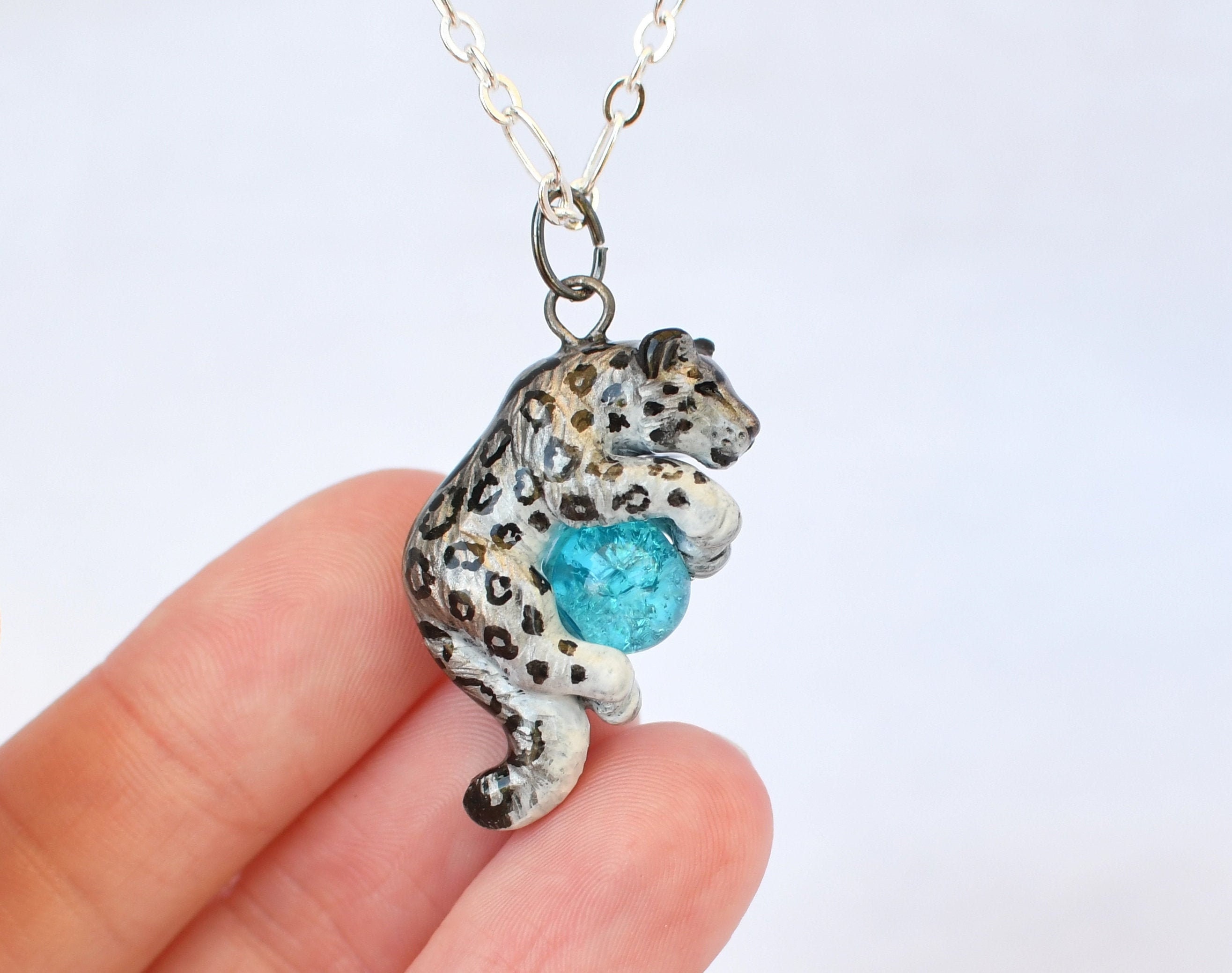 Snow Leopard Necklace with Custom Color Gem Pendant Charm | Etsy