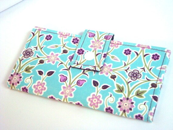Fabric Checkbook Cover Holder Burgundy Bud Floral on Aqua | Etsy