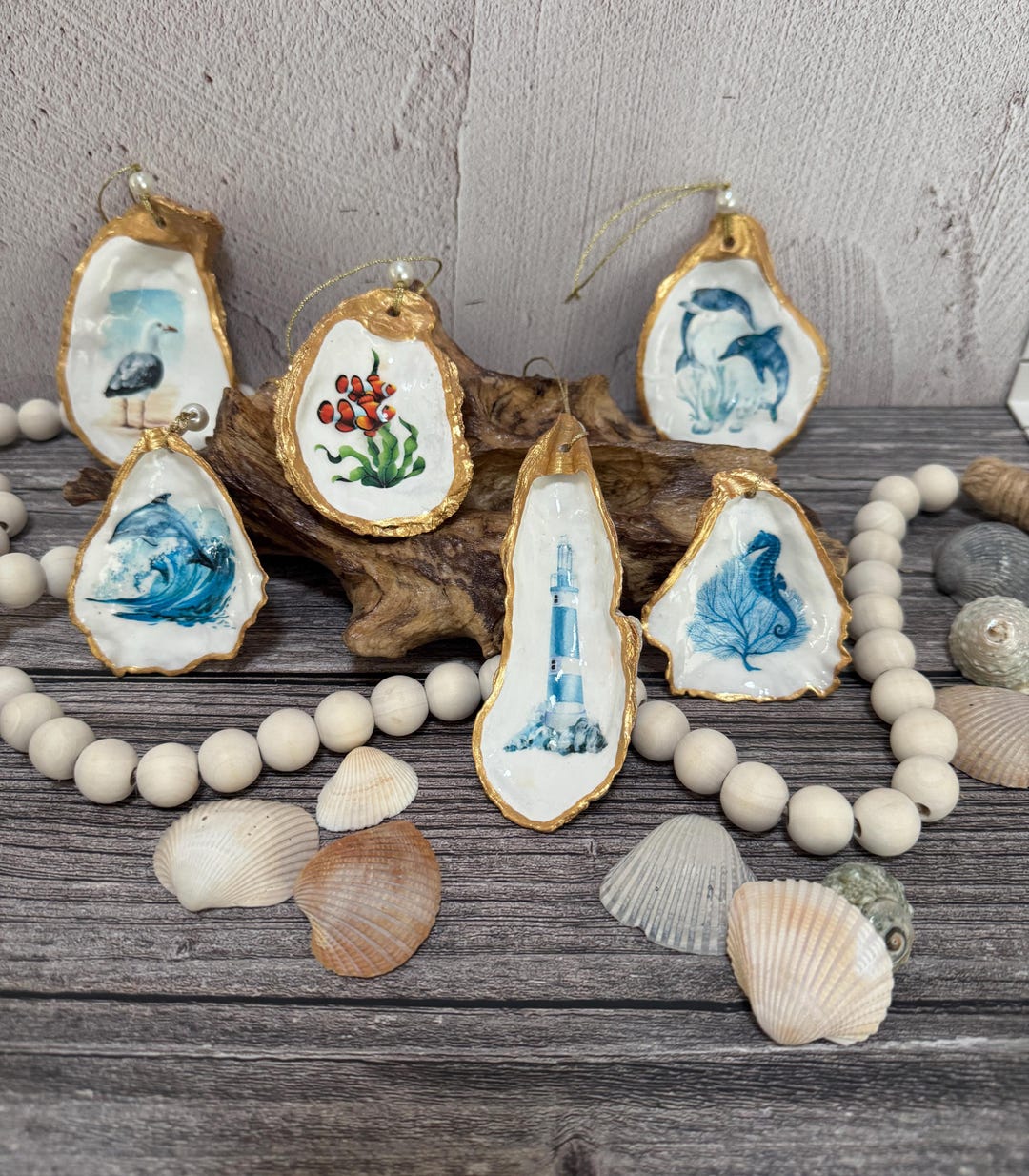 Hand-painted Oyster Shell Ornament: Gold Leaf Sea Life Design E125-E130 ...