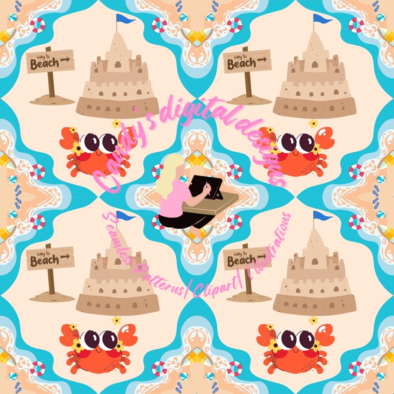 Beach Crab Seamless Pattern PNG JPG | Cute Sandcastle Ocean Digital ...