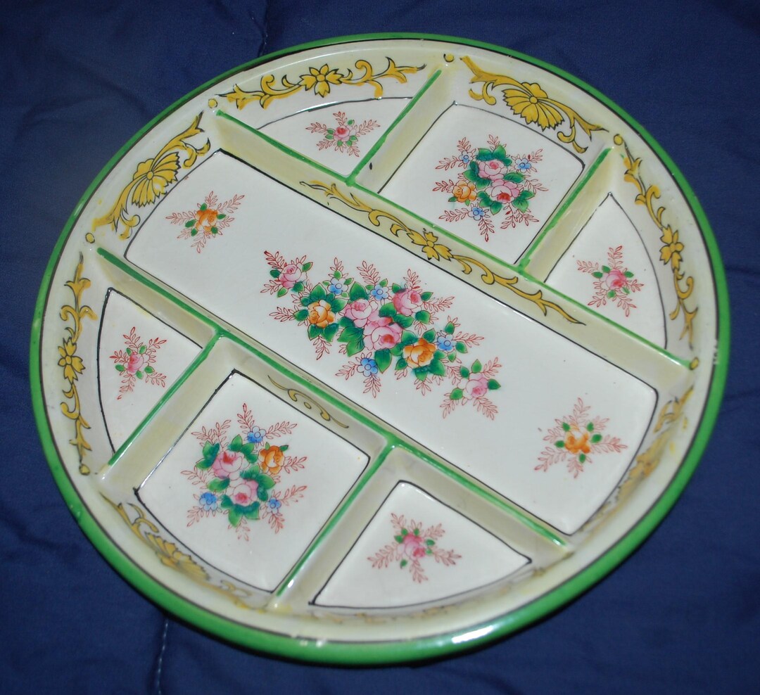Divided Pottery Plate FLORAL Hand Painted Serving Relish Dish JAPAN 9 3 ...