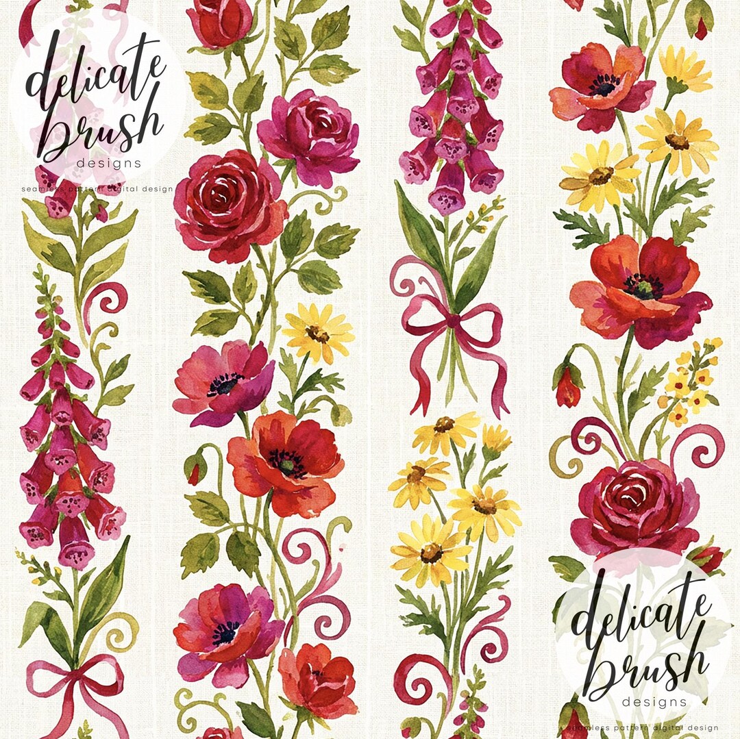 Watercolour Painted Spring Bold Pretty Floral Meadow Stripes Summer ...