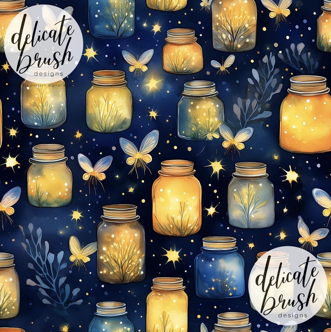 Fireflies Jam Jars Night Magical Fairies Watercolour Painted Seamless ...