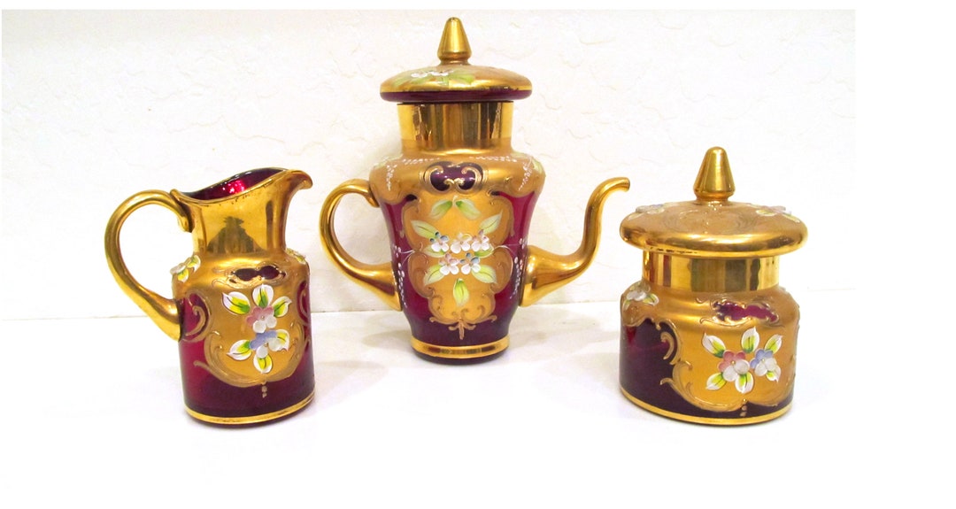 Murano Tea Set, 24 Karat Gold and Ruby Red Glass, Original Trefuochi ...