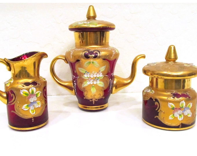 MURANO Glass Tea Coffee Set. 24K Gold. 6 Cups and 6 Plates, Creamer ...