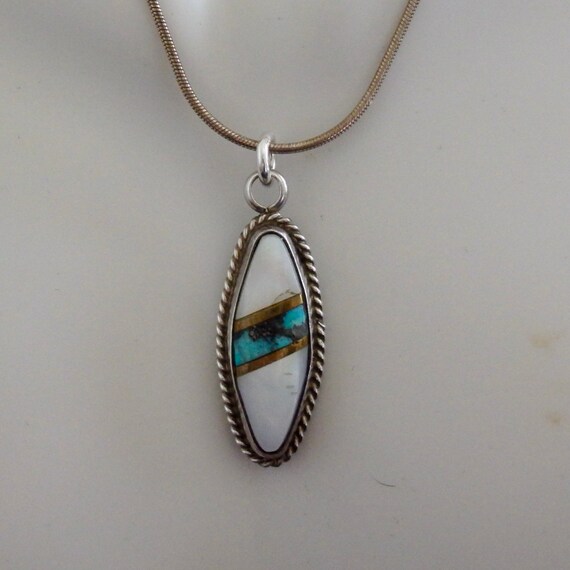 Hopi Sterling Silver Inlay Pendant, Signed - Gem