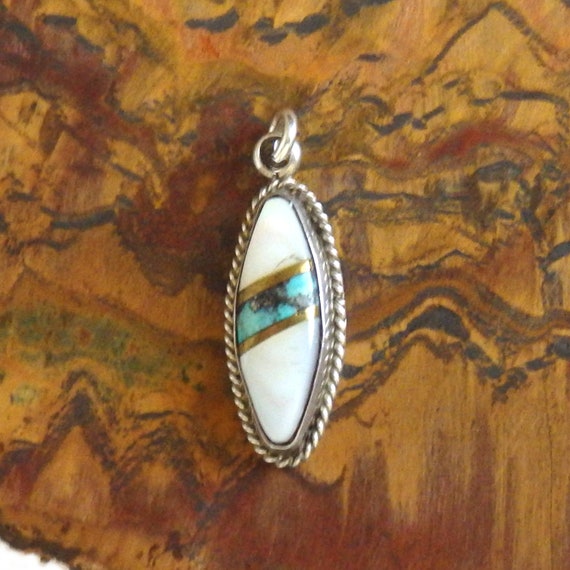 Hopi Sterling Silver Inlay Pendant, Signed - Gem