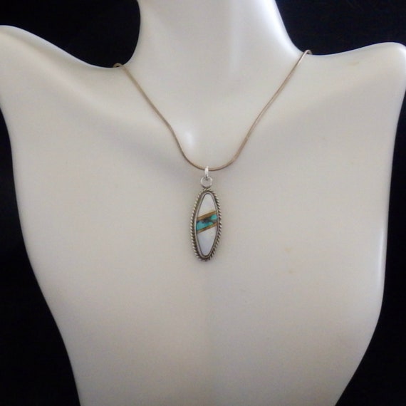 Hopi Sterling Silver Inlay Pendant, Signed - Gem