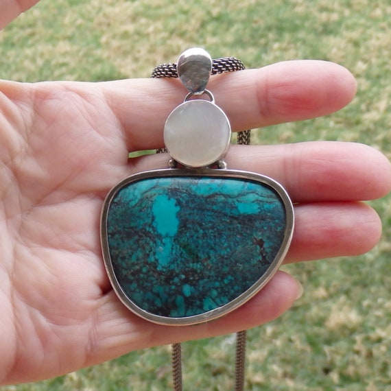 Sterling Silver Stacked Turquoise/MOP Pendant - Gem