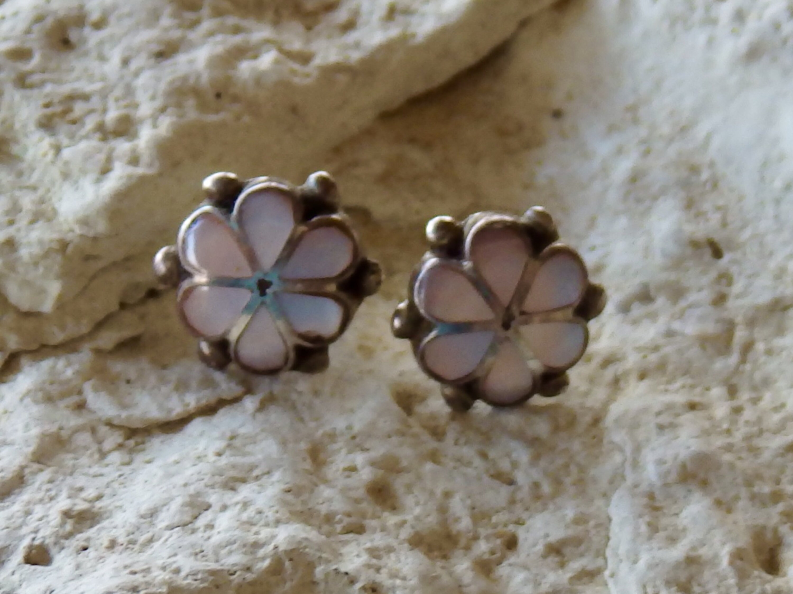 Zuni Inlay Pink Mother of Pearl Flower Sterling Silver Post Earrings - Etsy