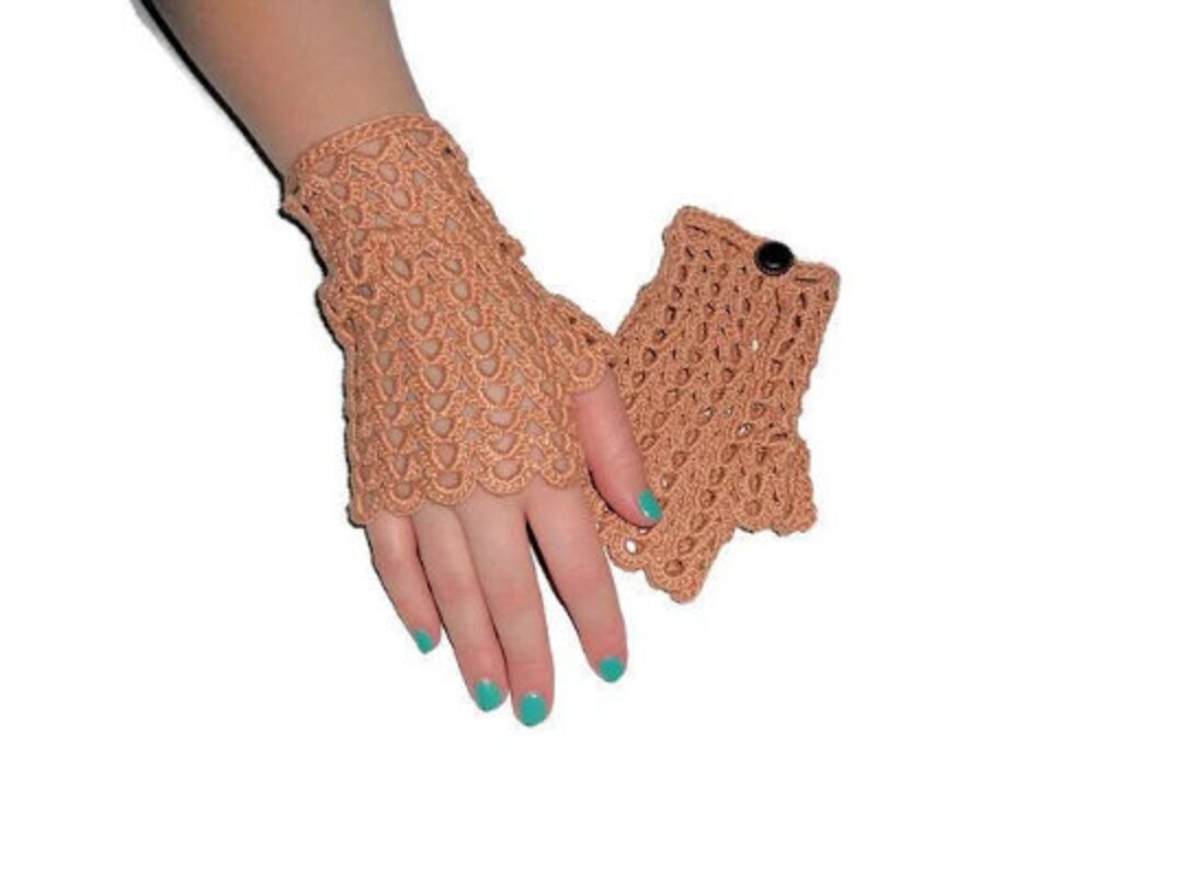 Latte Colored Lacy Fingerless Gauntlets With Leather Like Buttons - Etsy