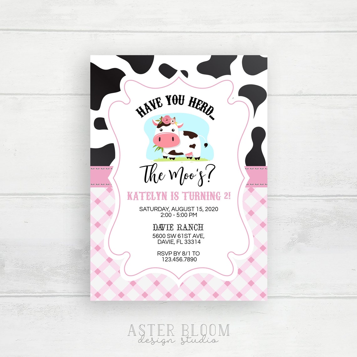 Cow Birthday Invitation Pink Farm Invite Cow Print Party | Etsy