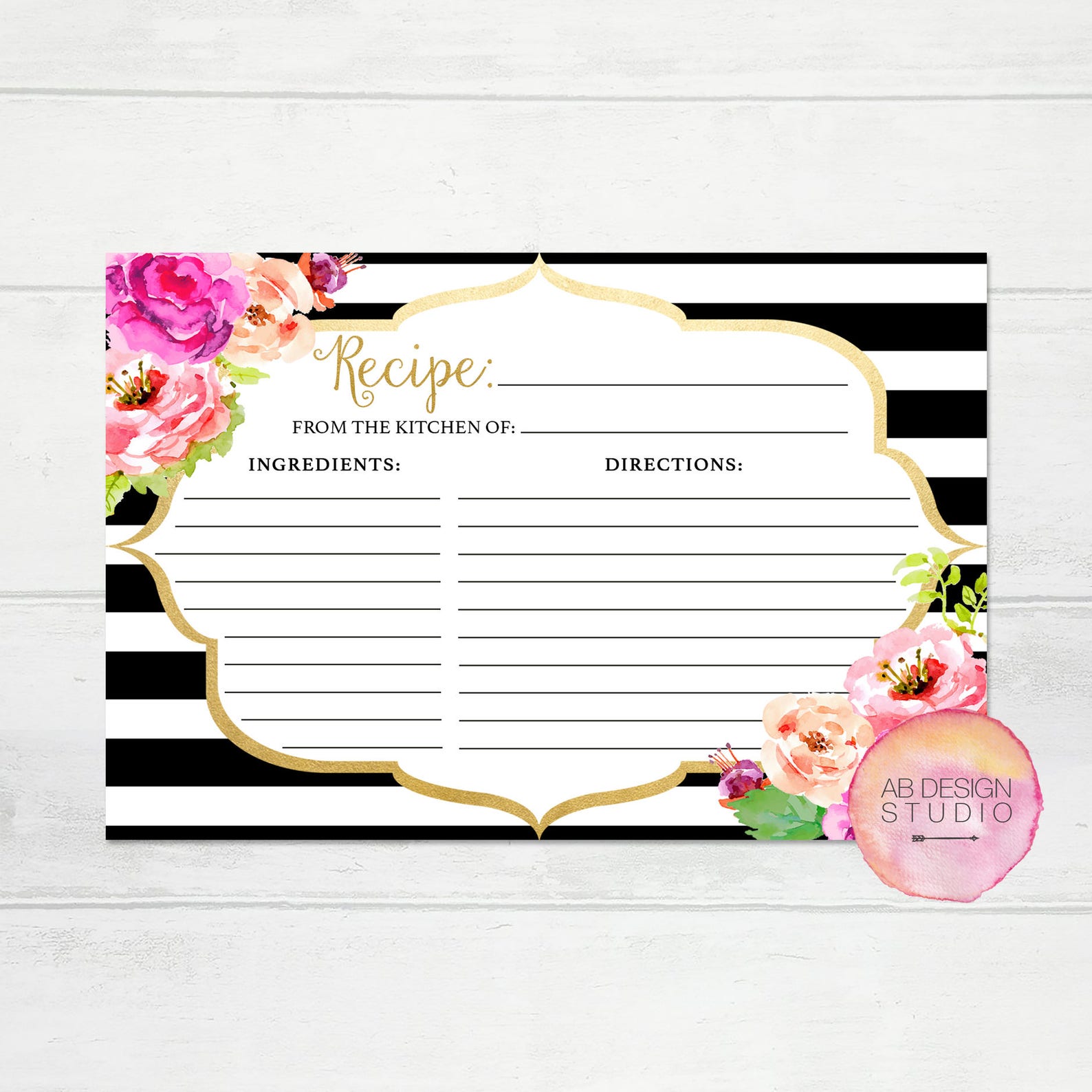 Bridal Shower Recipe Card Modern Floral Recipe Cards 4x6 | Etsy