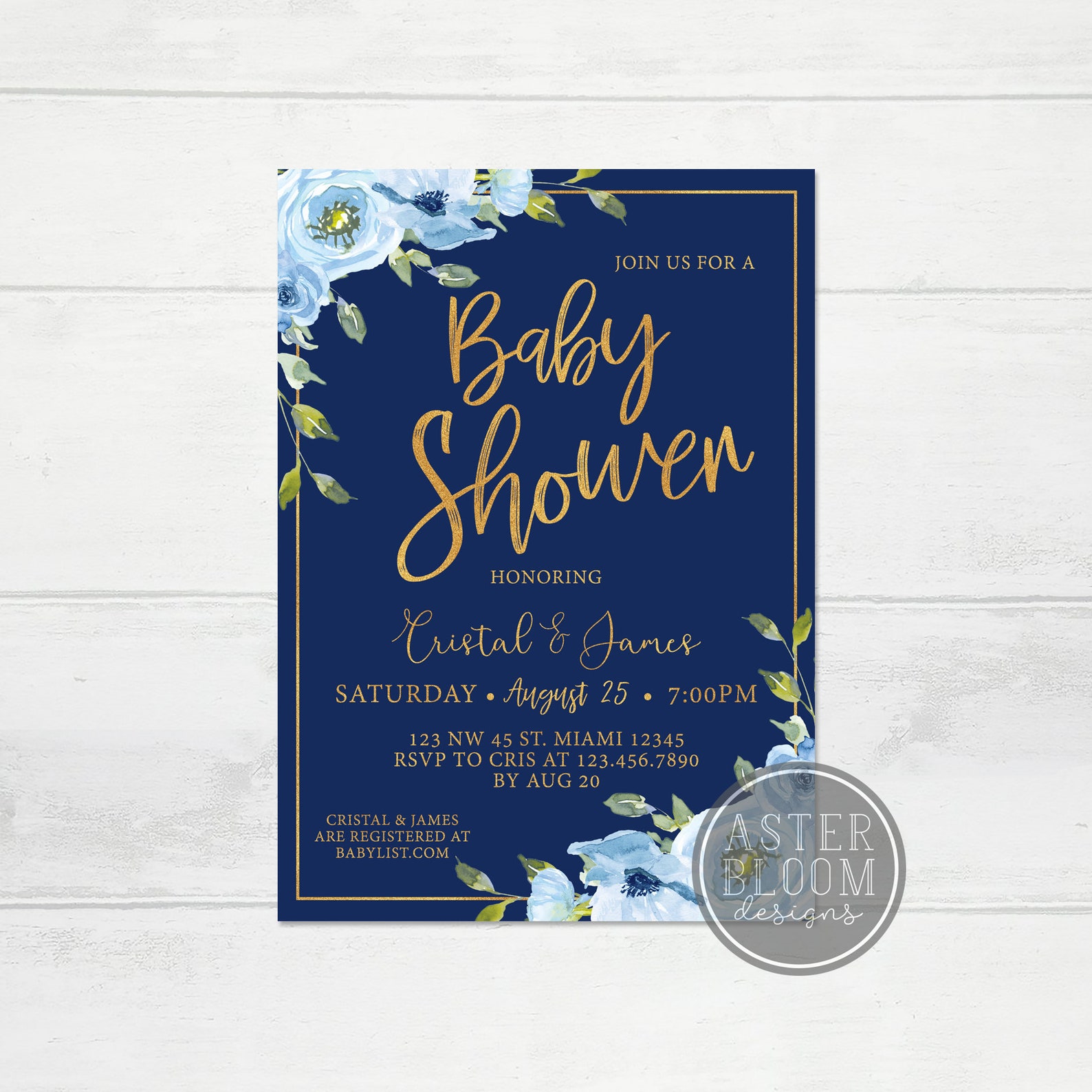 Blue Baby Shower Invitation Floral Baby Shower Invite Blue - Etsy