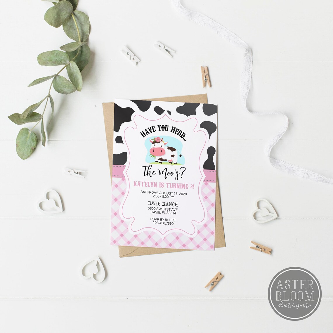 Cow Birthday Invitation Pink Farm Invite Cow Print Party | Etsy