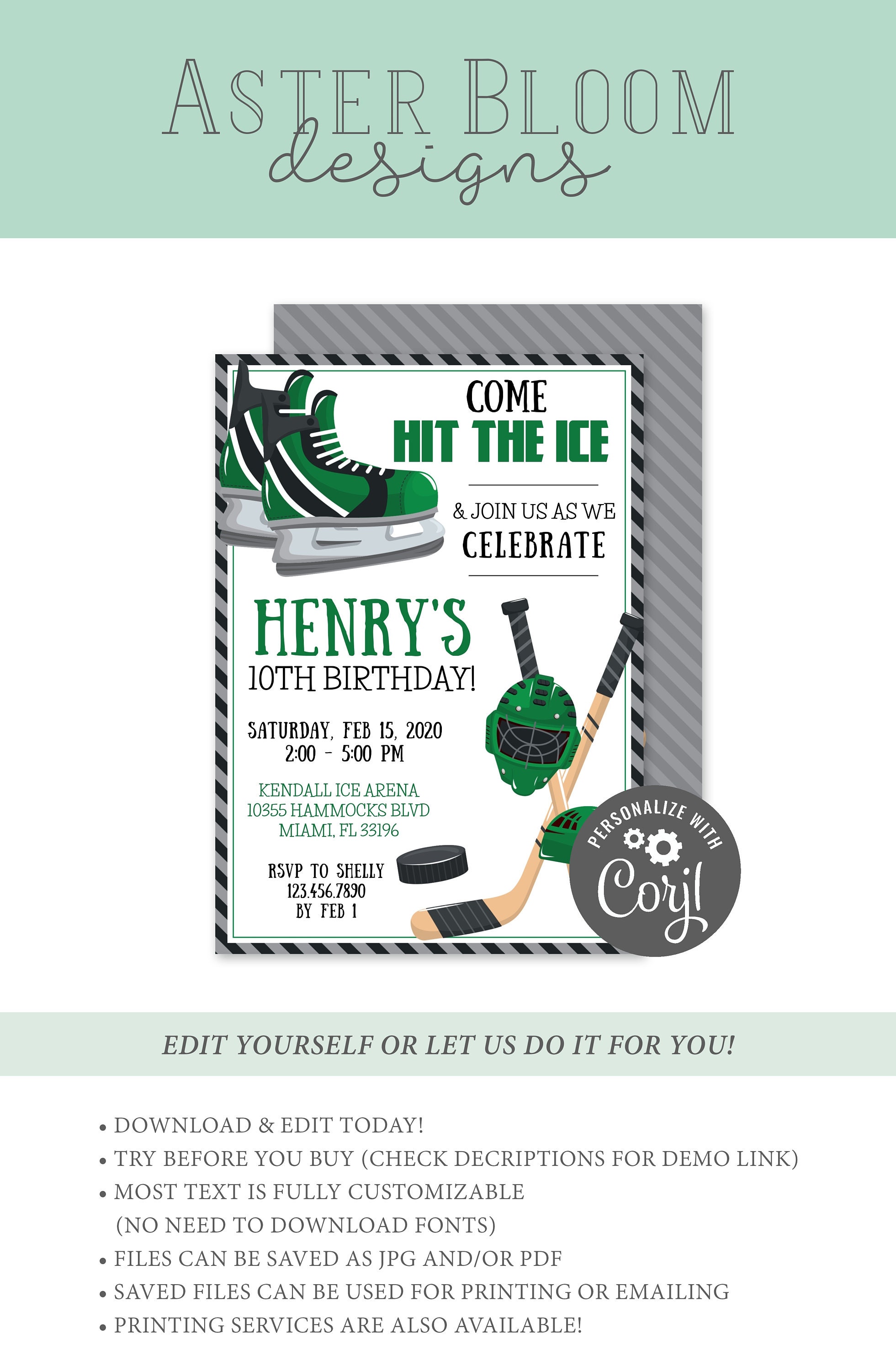 Hockey Birthday Invitation Skating Invitation Green Hockey Skates ...