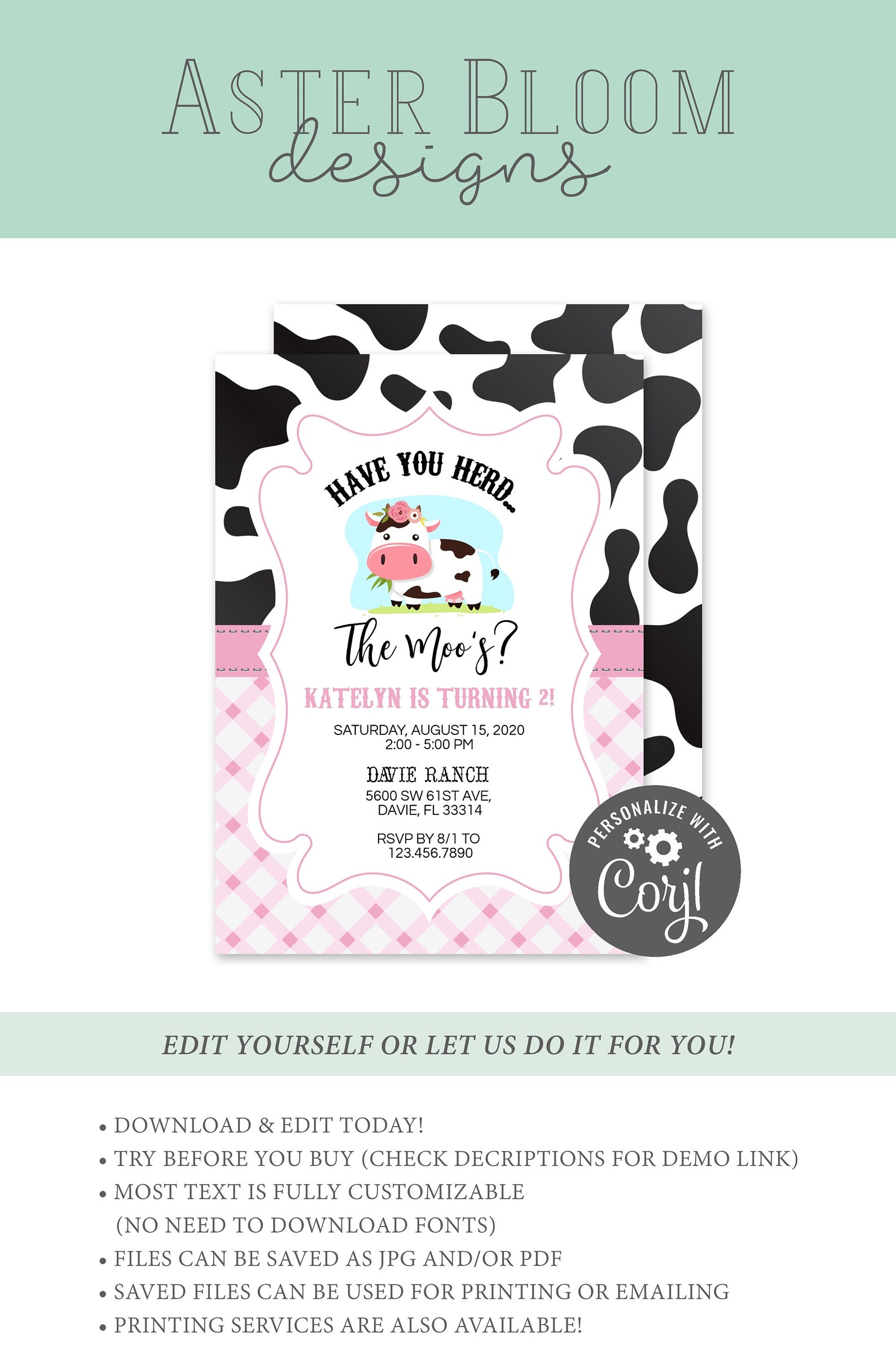 Cow Birthday Invitation Pink Farm Invite Cow Print Party | Etsy